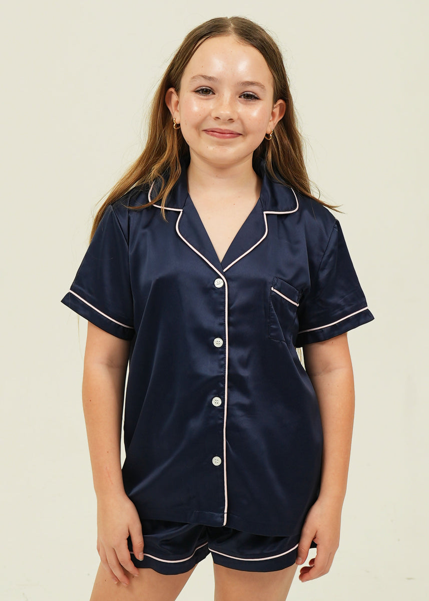Girls' Navy Matte Satin Short Pajama Set | Elegant & Comfy Sleepwear ...