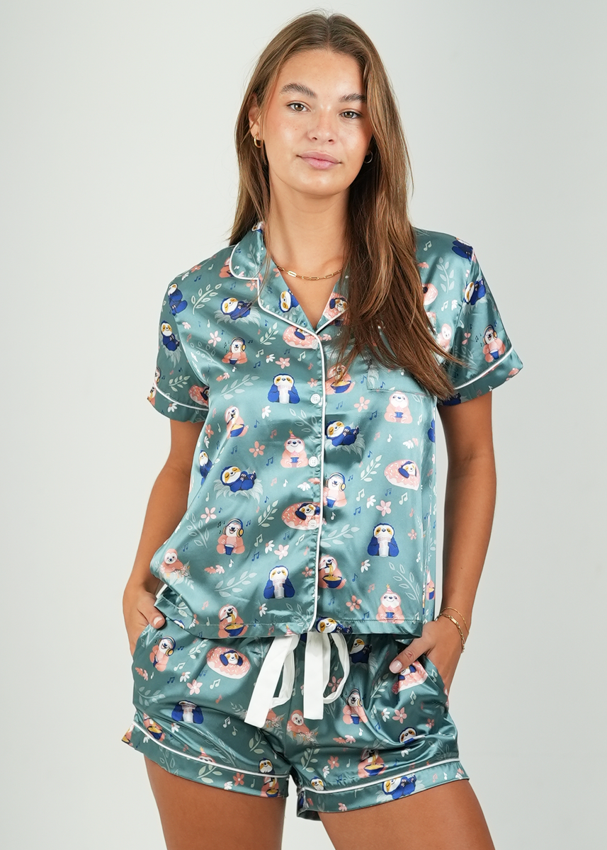 Slothee Short Satin Pajama Set | Cute & Comfy Sleepwear – Night Sweet ...