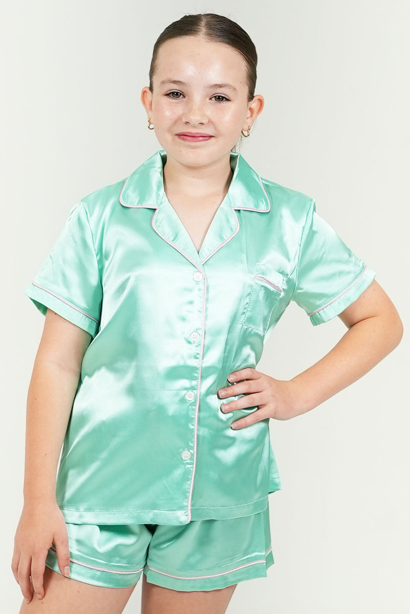 Girls' Watermelon Green Satin Short Pajama Set | Cute & Comfy Sleepwear ...