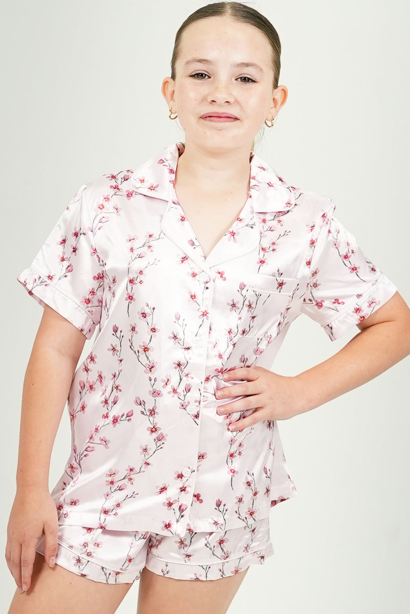 Girls Cherry Blossom Satin Short Pajama Set – Night Sweet Thing US
