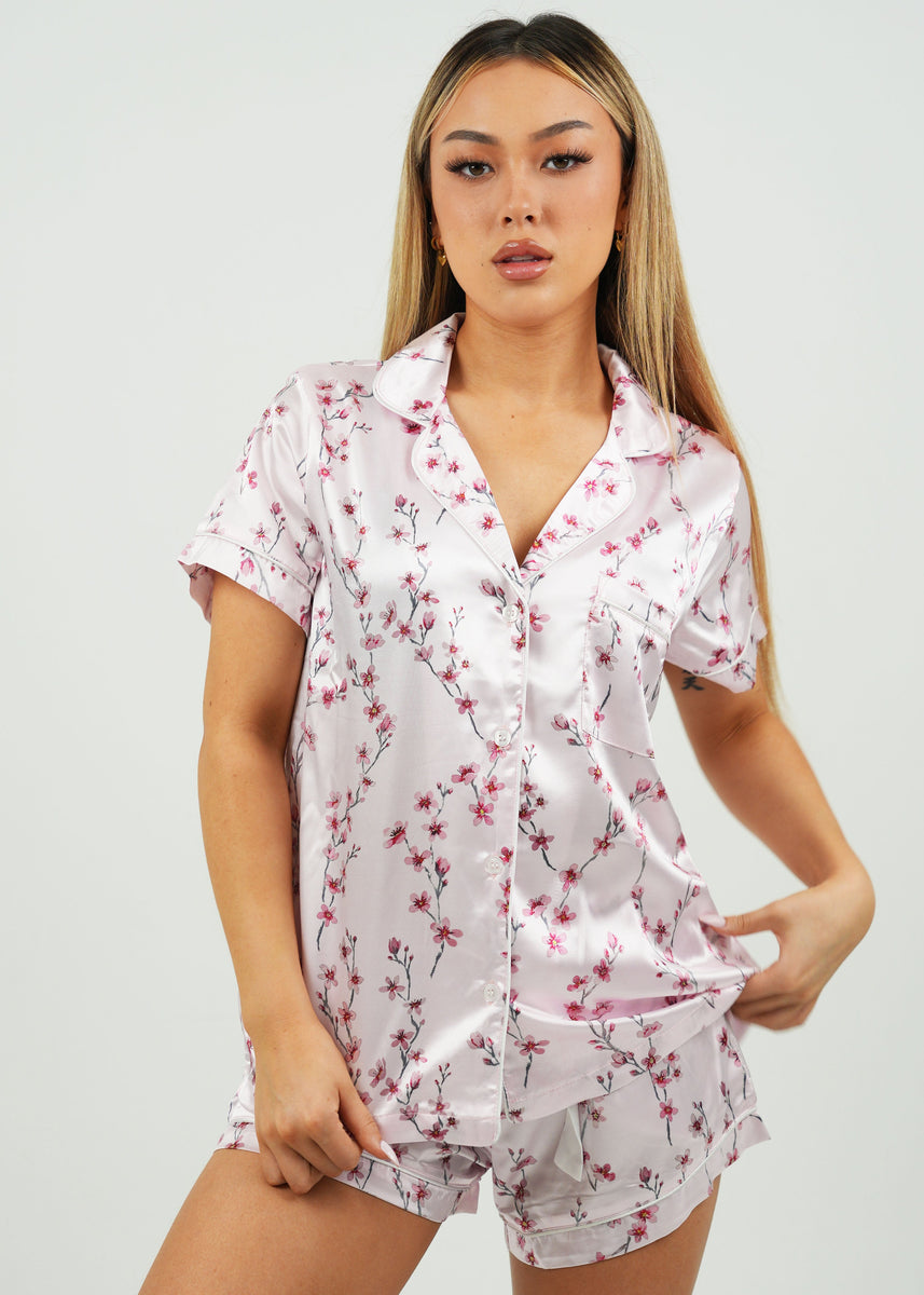 Cherry Blossom Satin Short Pajama Set | Elegant & Comfy Sleepwear ...