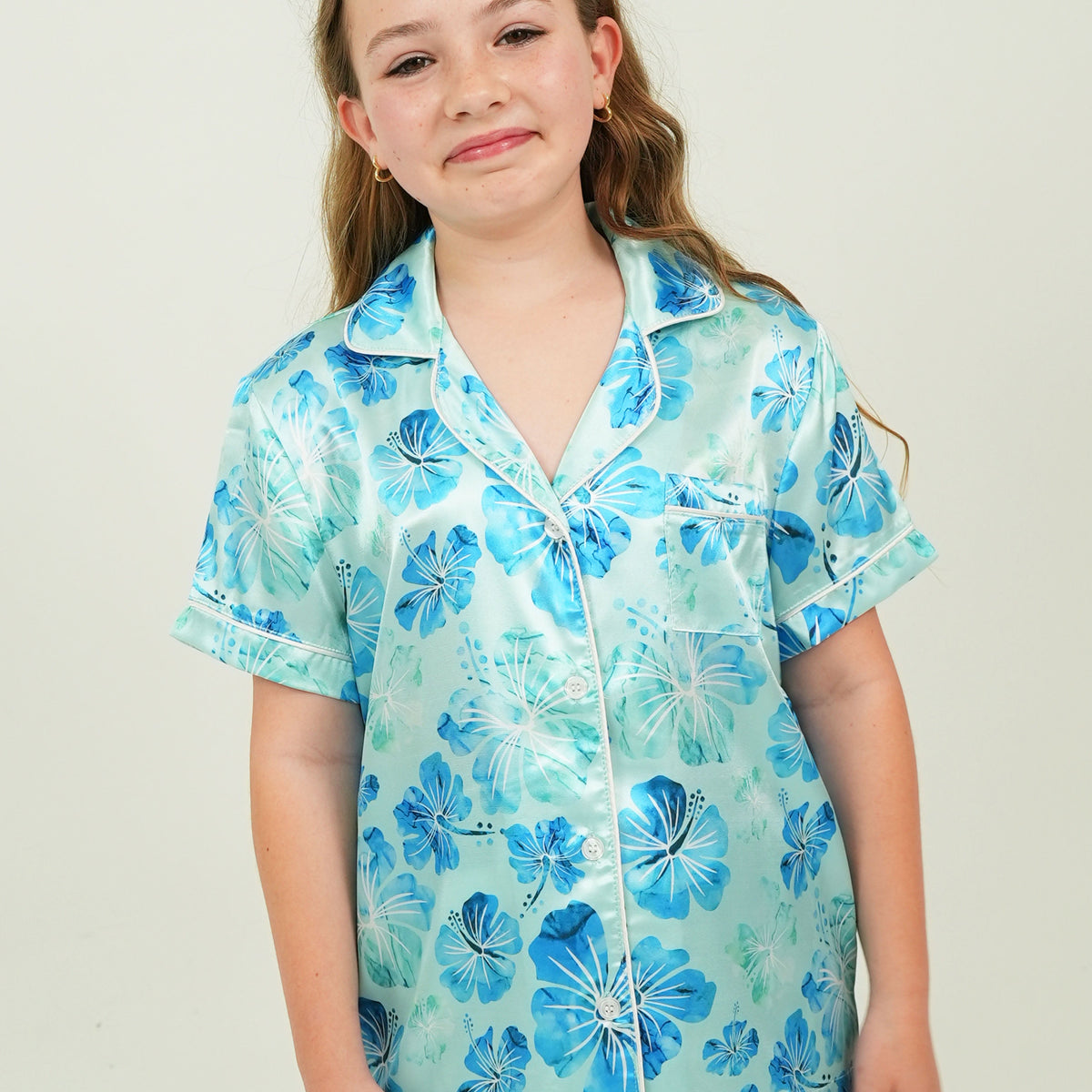 Girls Aqua Hibiscus Satin Short Pajama Set – Stylish & Comfortable ...