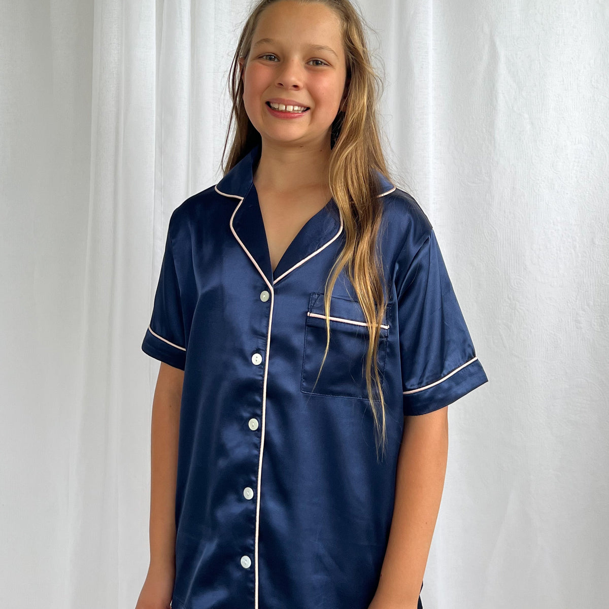Girls' Navy Blue Satin Short Pajama Set | Elegant & Comfy Sleepwear ...
