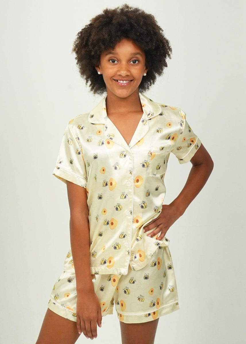 Girls - Yellow Bumble Bees Satin Short PJ Set – Night Sweet Thing US