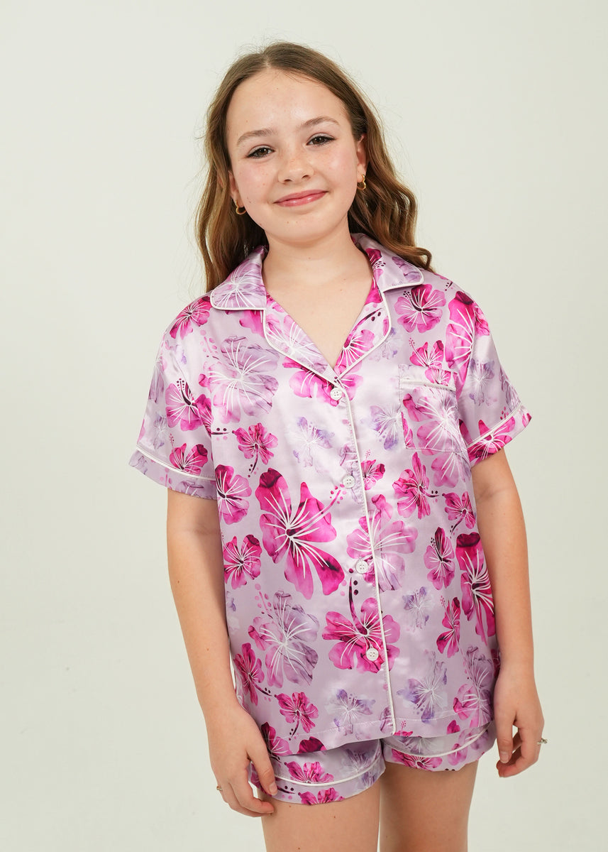Girls Pink Hibiscus Satin Short Pajama Set – Night Sweet Thing US