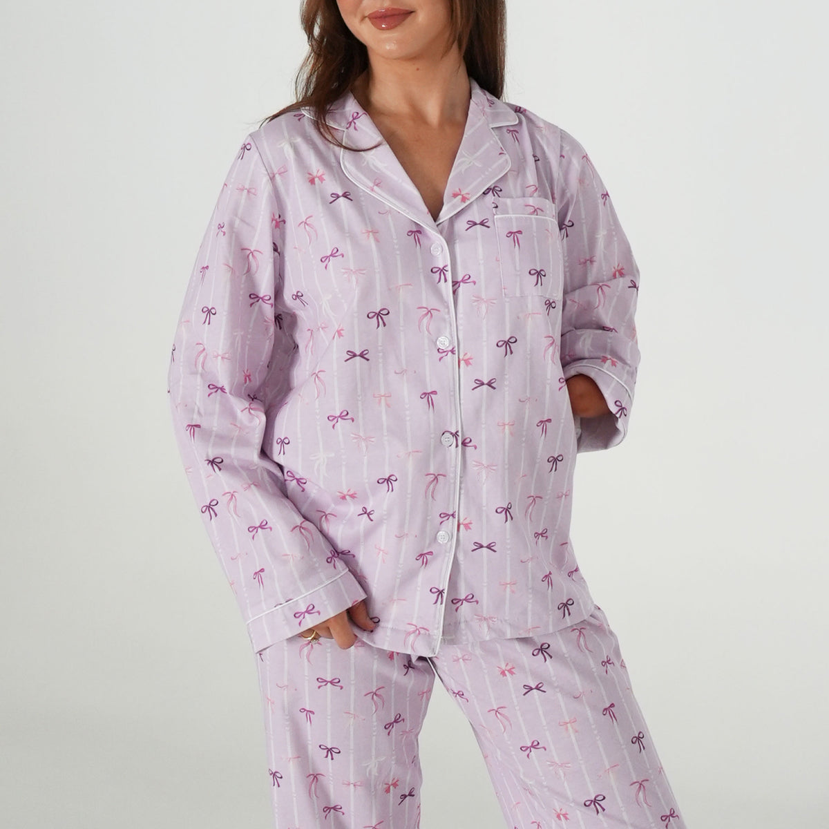 Lilac Ballet Bows Jersey Knit Cotton Long PJ Set – Night Sweet Thing US